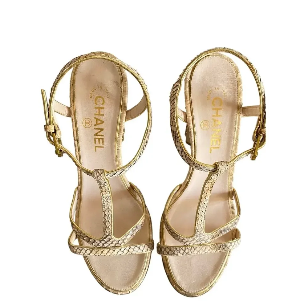 CHANEL | Shoes | Chanel Python Tstrap Sandals 395 Gold Studded Cc ...